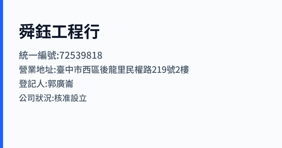 舜鈺工程行 - 統編 72539818(臺中市) 公司登記資料與營業項目詳細圖表