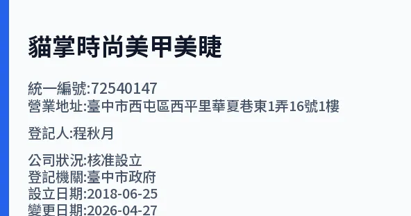 貓掌時尚美甲美睫的照片-統編 72540147(臺中市) 公司登記資料與營業項目詳細圖表