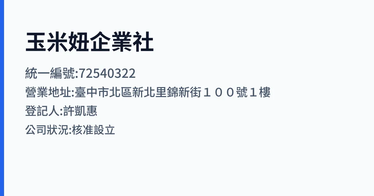 玉米妞企業社 - 統編 72540322（臺中市） 公司登記資料與營業項目詳細圖表