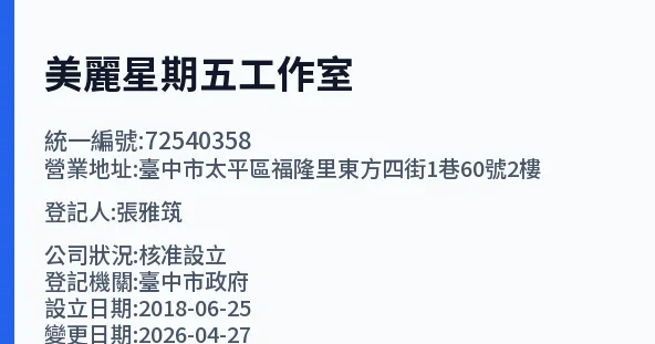 美麗星期五工作室的照片-統編 72540358(臺中市) 公司登記資料與營業項目詳細圖表