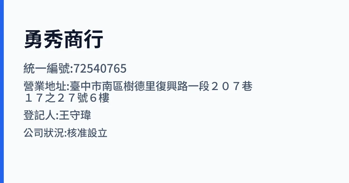 勇秀商行 - 統編 72540765(臺中市) 公司登記資料與營業項目詳細圖表