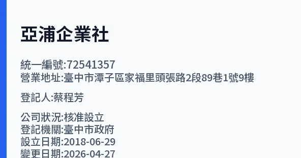 亞浦企業社的照片-統編 72541357(臺中市) 公司登記資料與營業項目詳細圖表