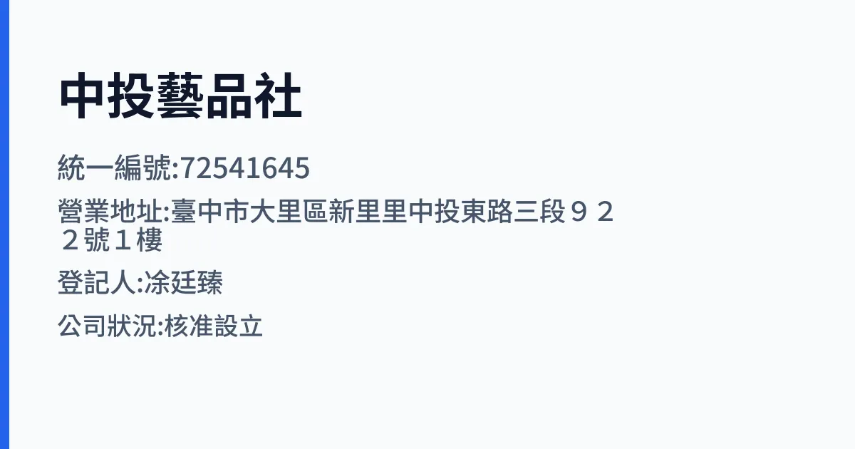 中投藝品社 - 統編 72541645(臺中市) 公司登記資料與營業項目詳細圖表