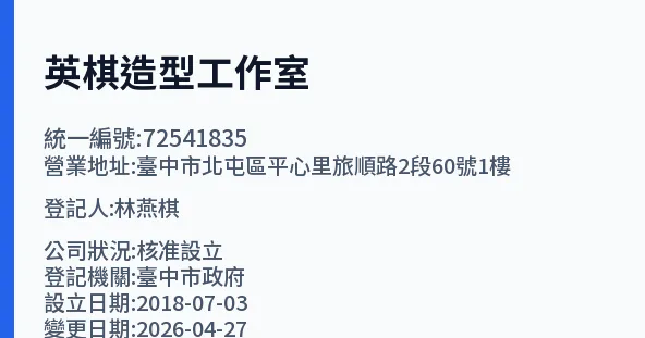 英棋造型工作室的照片-統編 72541835(臺中市) 公司登記資料與營業項目詳細圖表