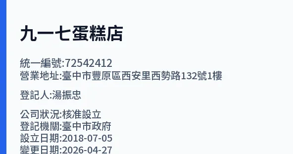 九一七蛋糕店的照片-統編 72542412(臺中市) 公司登記資料與營業項目詳細圖表