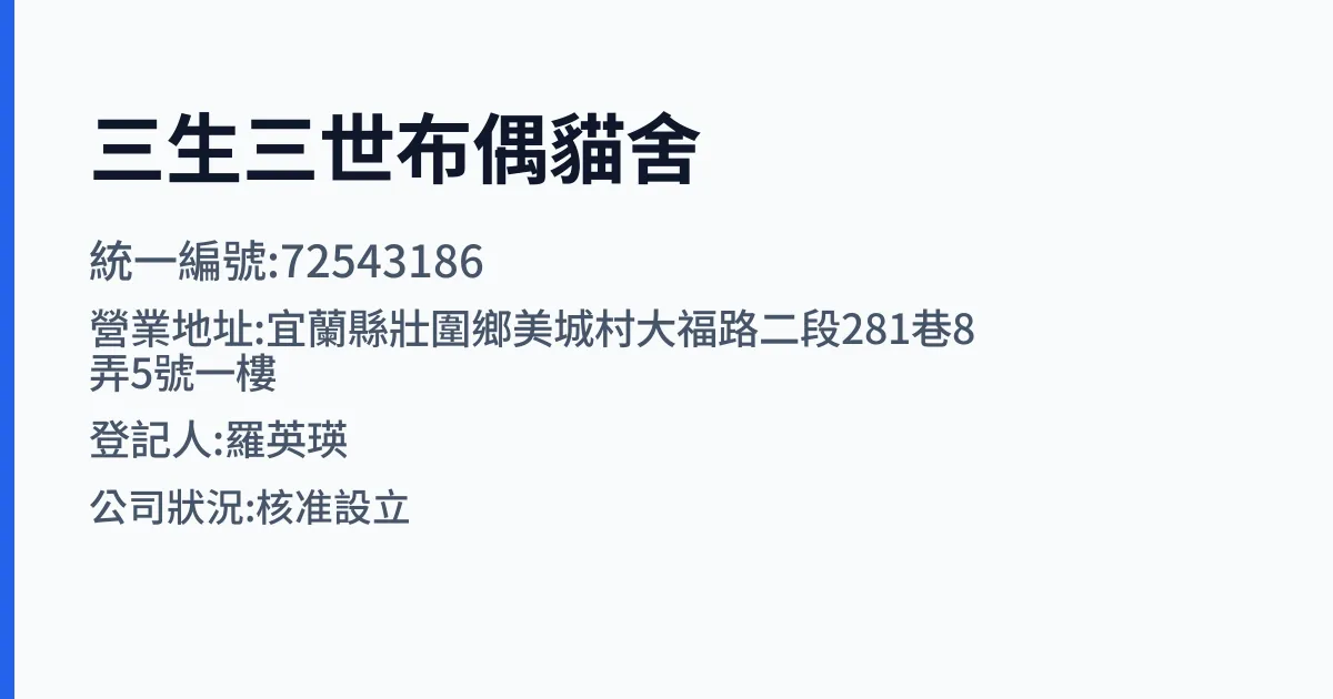 三生三世布偶貓舍 - 統編 72543186(宜蘭縣) 公司登記資料與營業項目詳細圖表