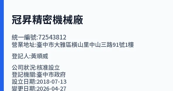 冠昇精密機械廠的照片-統編 72543812(臺中市) 公司登記資料與營業項目詳細圖表