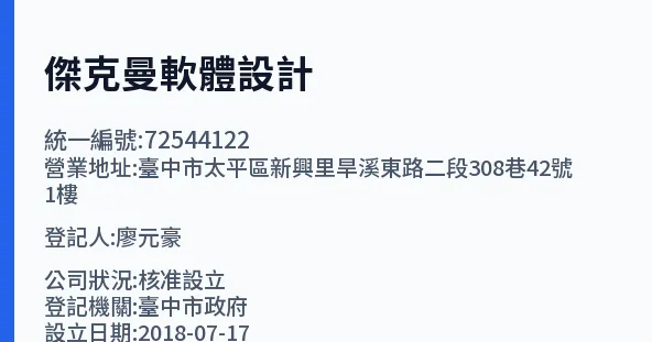 傑克曼軟體設計的照片-統編 72544122(臺中市) 公司登記資料與營業項目詳細圖表
