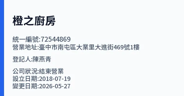 橙之廚房的照片-統編 72544869(臺中市) 公司登記資料與營業項目詳細圖表