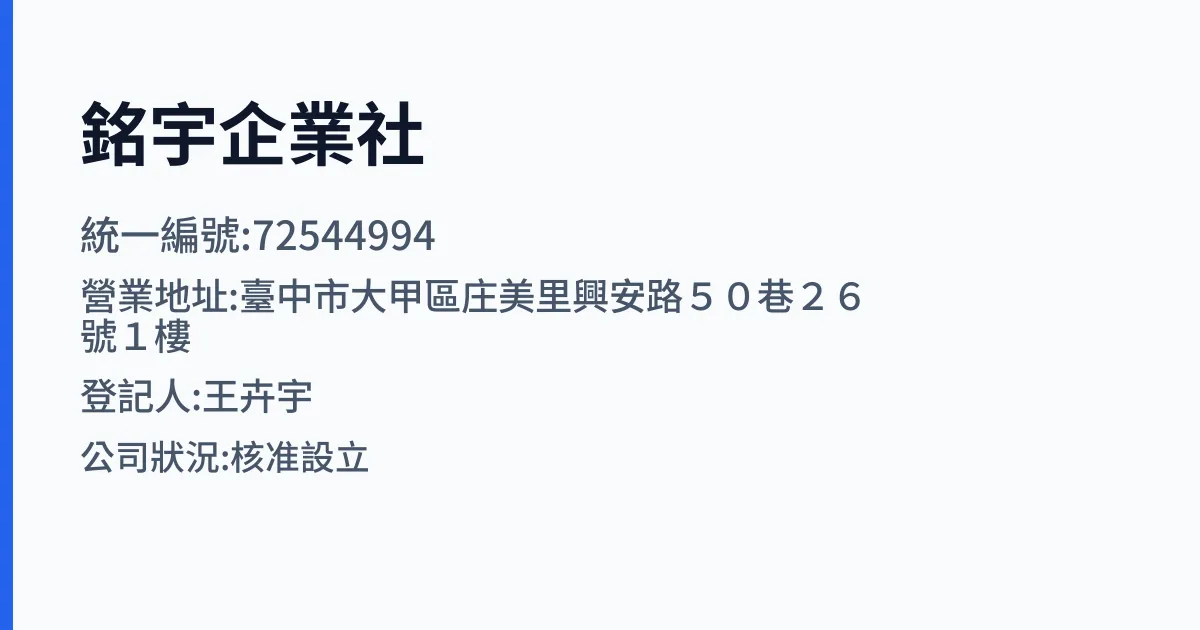銘宇企業社 - 統編 72544994(臺中市) 公司登記資料與營業項目詳細圖表