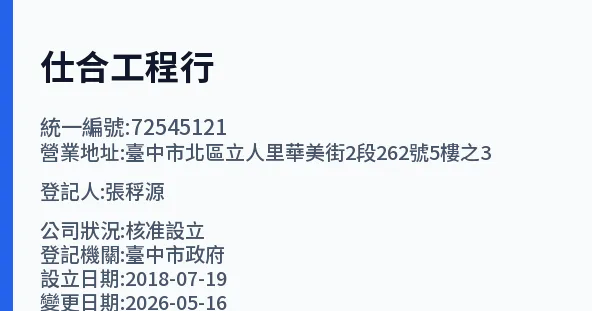 仕合工程行的照片-統編 72545121(臺中市) 公司登記資料與營業項目詳細圖表