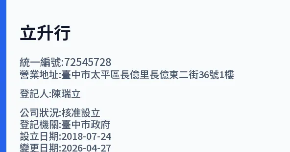 立升行的照片-統編 72545728(臺中市) 公司登記資料與營業項目詳細圖表