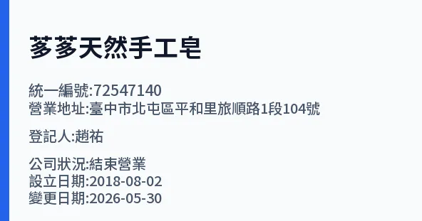 茤茤天然手工皂的照片-統編 72547140(臺中市) 公司登記資料與營業項目詳細圖表