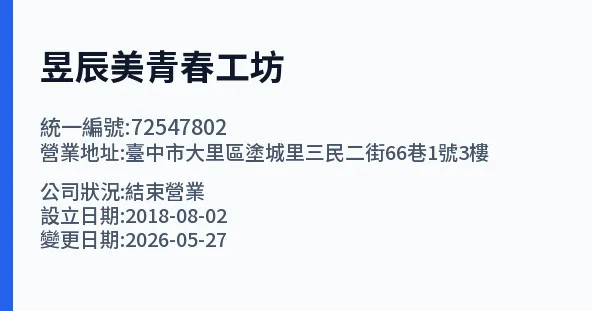 昱辰美青春工坊的照片-統編 72547802(臺中市) 公司登記資料與營業項目詳細圖表