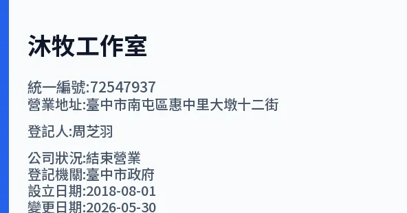 沐牧工作室的照片-統編 72547937(臺中市) 公司登記資料與營業項目詳細圖表