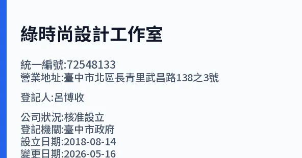 綠時尚設計工作室的照片-統編 72548133(臺中市) 公司登記資料與營業項目詳細圖表