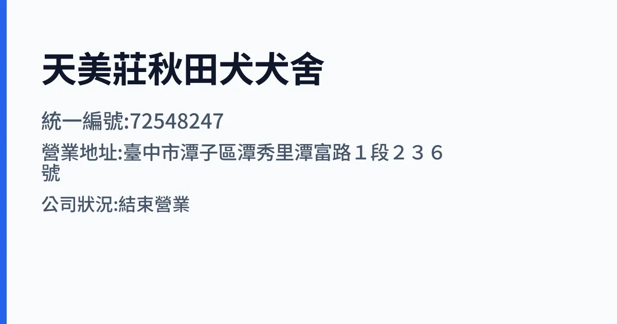 天美莊秋田犬犬舍 - 統編 72548247(臺中市) 公司登記資料與營業項目詳細圖表
