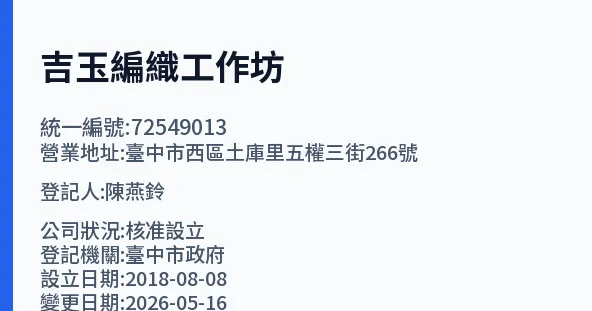 吉玉編織工作坊的照片-統編 72549013(臺中市) 公司登記資料與營業項目詳細圖表