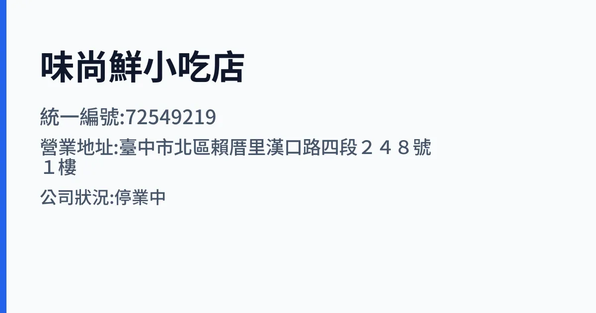 味尚鮮小吃店 - 統編 72549219(臺中市) 公司登記資料與營業項目詳細圖表