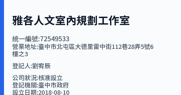 雅各人文室內規劃工作室的照片-統編 72549533(臺中市) 公司登記資料與營業項目詳細圖表