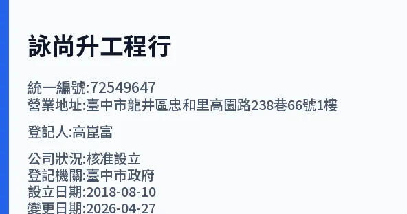 詠尚升工程行的照片-統編 72549647(臺中市) 公司登記資料與營業項目詳細圖表