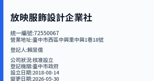 放映服飾設計企業社的照片-統編 72550067(臺中市) 公司登記資料與營業項目詳細圖表