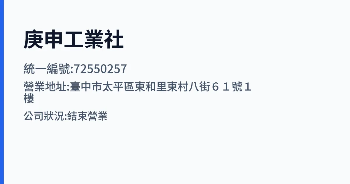 庚申工業社 - 統編 72550257(臺中市) 公司登記資料與營業項目詳細圖表