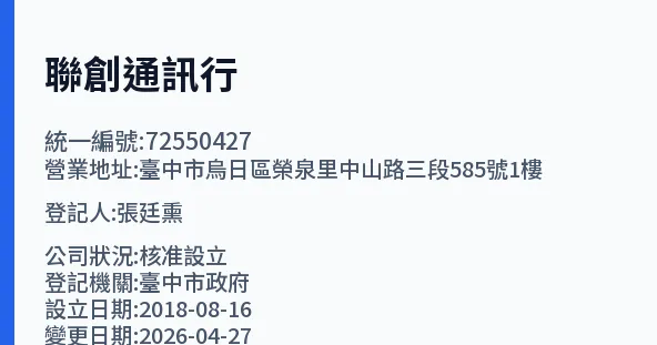 聯創通訊行的照片-統編 72550427(臺中市) 公司登記資料與營業項目詳細圖表