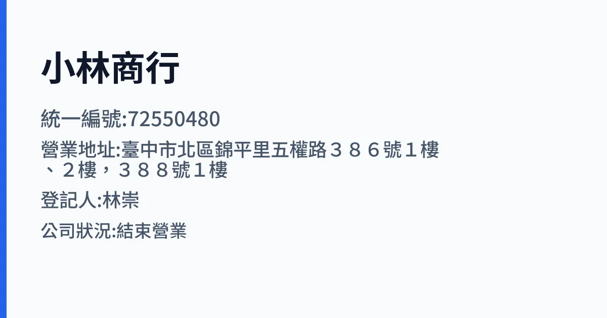 小林商行 - 統編 72550480(臺中市) 公司登記資料與營業項目詳細圖表