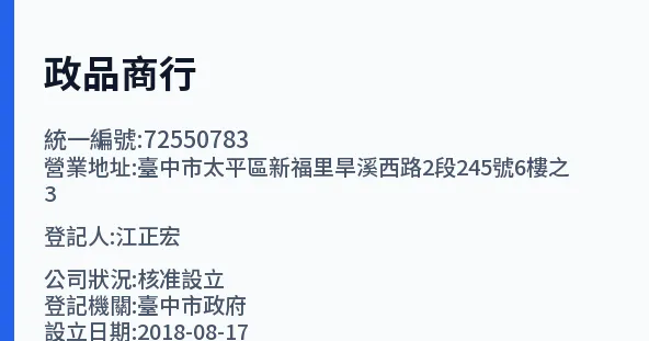 政品商行的照片-統編 72550783(臺中市) 公司登記資料與營業項目詳細圖表