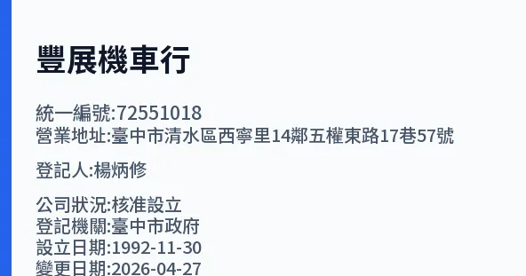 豐展機車行的照片-統編 72551018(臺中市) 公司登記資料與營業項目詳細圖表