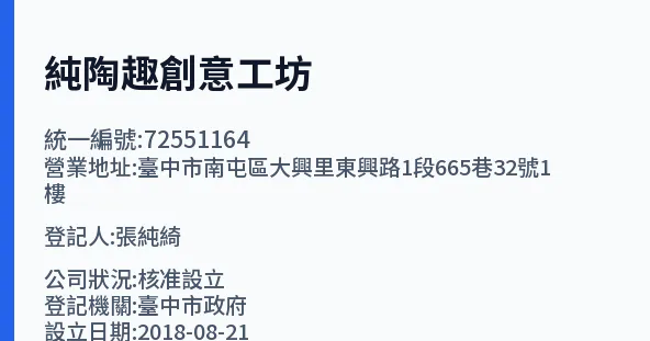 純陶趣創意工坊的照片-統編 72551164(臺中市) 公司登記資料與營業項目詳細圖表