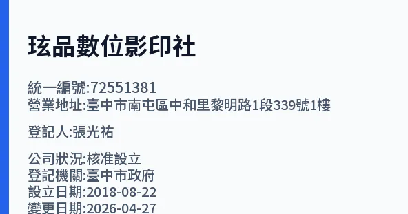 玹品數位影印社的照片-統編 72551381(臺中市) 公司登記資料與營業項目詳細圖表