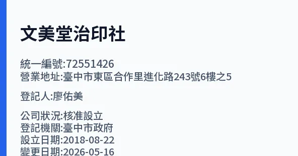 文美堂治印社的照片-統編 72551426(臺中市) 公司登記資料與營業項目詳細圖表