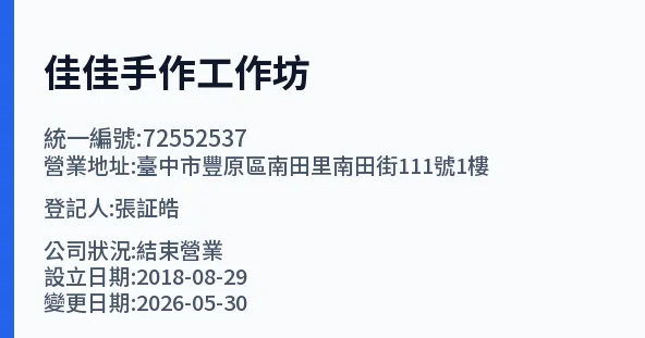 佳佳手作工作坊的照片-統編 72552537(臺中市) 公司登記資料與營業項目詳細圖表