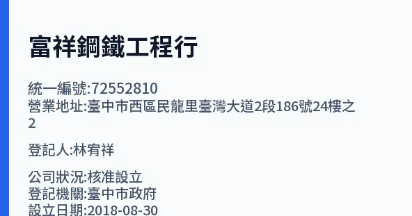 富祥鋼鐵工程行的照片-統編 72552810(臺中市) 公司登記資料與營業項目詳細圖表
