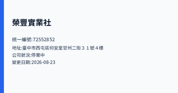 榮豐實業社的照片-統編 72552852(臺中市) 公司登記資料與營業項目詳細圖表
