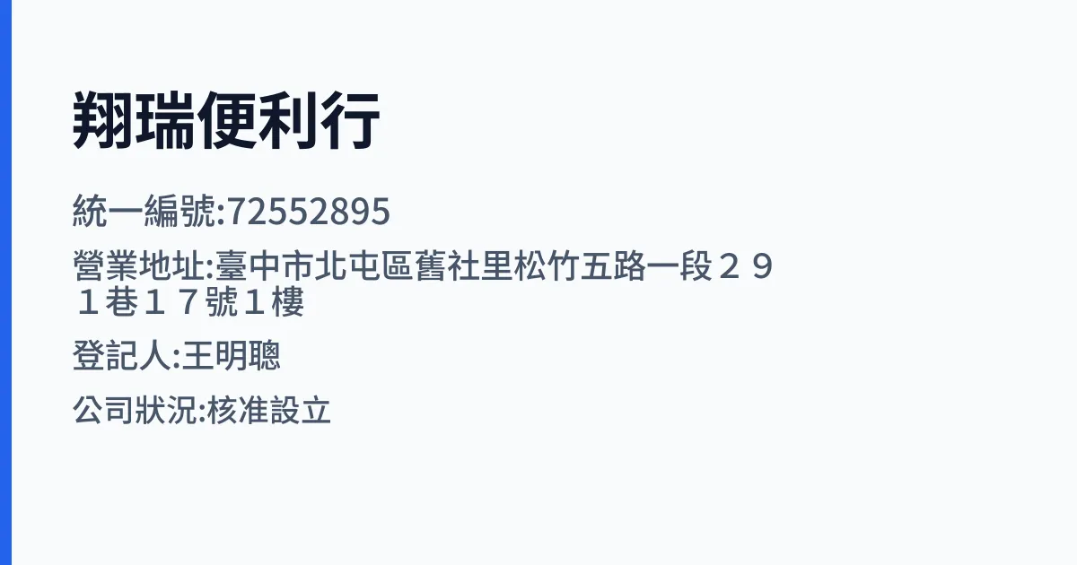 翔瑞便利行 - 統編 72552895(臺中市) 公司登記資料與營業項目詳細圖表