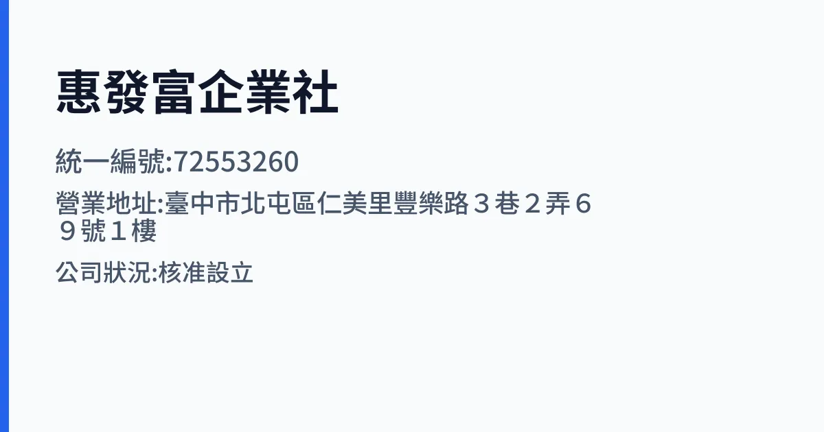惠發富企業社 - 統編 72553260(臺中市) 公司登記資料與營業項目詳細圖表