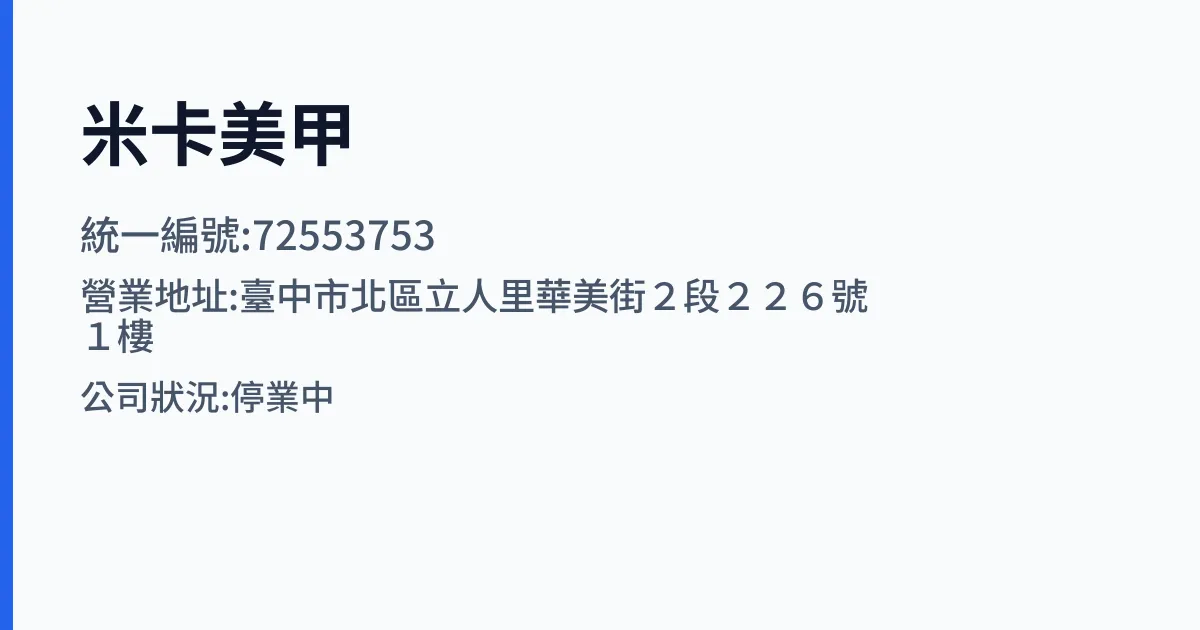 米卡美甲 - 統編 72553753(臺中市) 公司登記資料與營業項目詳細圖表