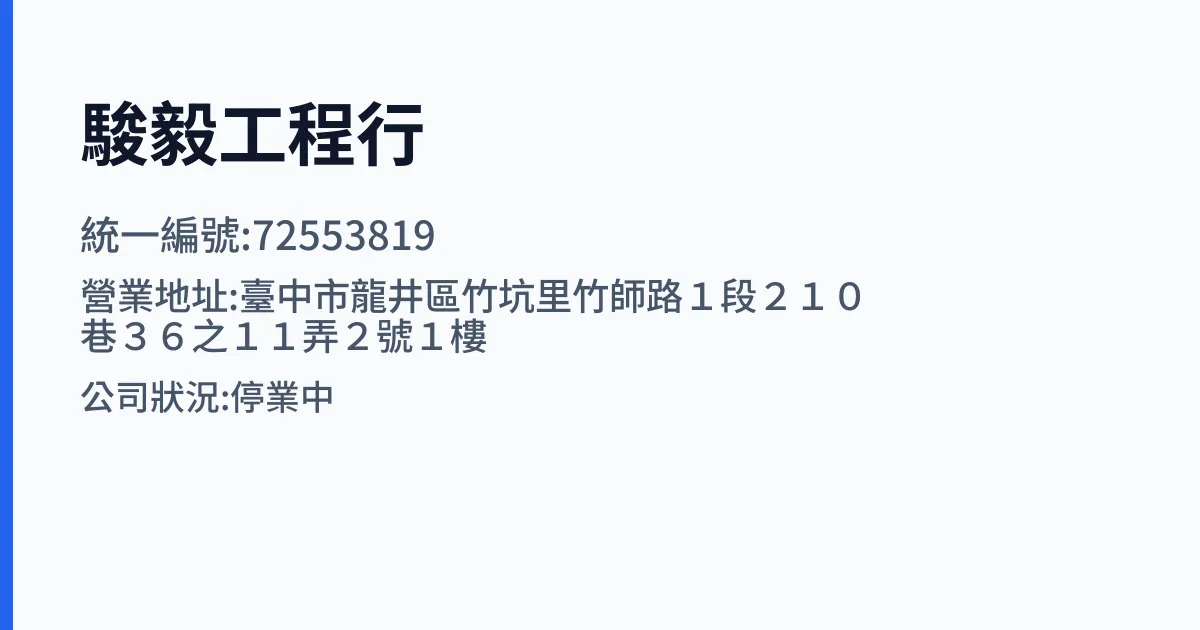 駿毅工程行 - 統編 72553819(臺中市) 公司登記資料與營業項目詳細圖表