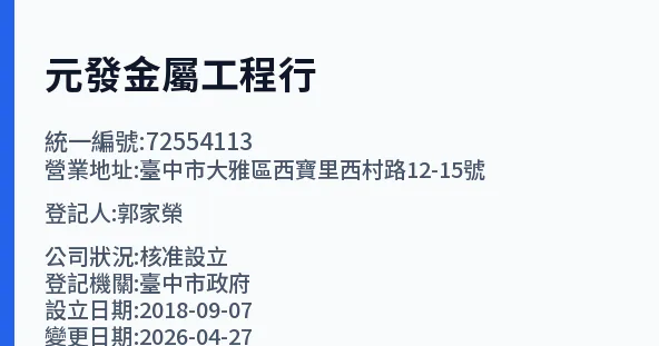 元發金屬工程行的照片-統編 72554113(臺中市) 公司登記資料與營業項目詳細圖表
