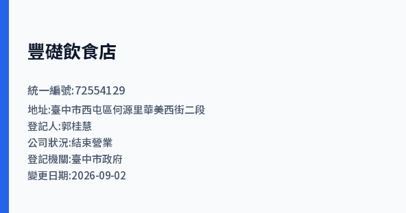 豐礎飲食店的照片-統編 72554129(臺中市) 公司登記資料與營業項目詳細圖表
