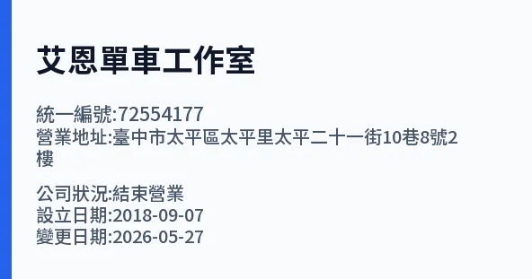 艾恩單車工作室的照片-統編 72554177(臺中市) 公司登記資料與營業項目詳細圖表