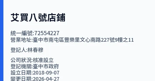 艾買八號店鋪的照片-統編 72554227(臺中市) 公司登記資料與營業項目詳細圖表