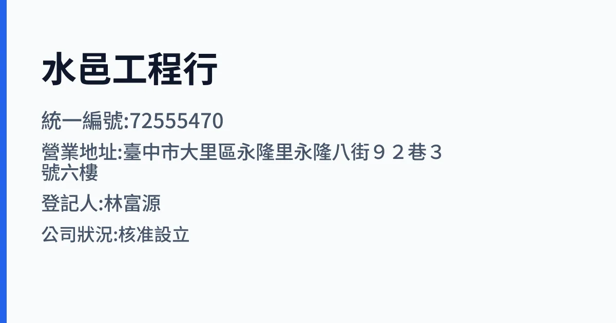 水邑工程行 - 統編 72555470(臺中市) 公司登記資料與營業項目詳細圖表