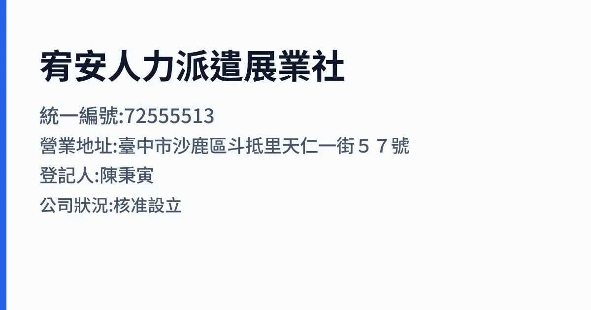 宥安人力派遣展業社 - 統編 72555513(臺中市) 公司登記資料與營業項目詳細圖表