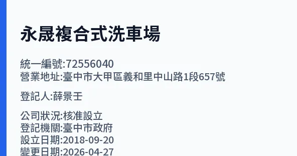 永晟複合式洗車場的照片-統編 72556040(臺中市) 公司登記資料與營業項目詳細圖表
