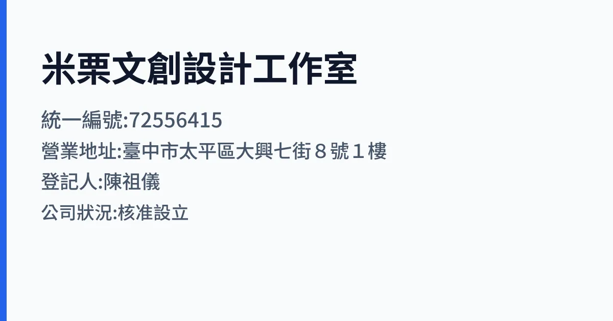 米栗文創設計工作室 - 統編 72556415（臺中市） 公司登記資料與營業項目詳細圖表