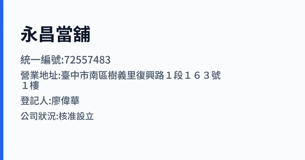 永昌當舖 - 統編 72557483(臺中市) 公司登記資料與營業項目詳細圖表